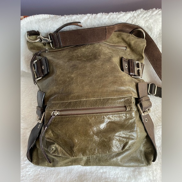 Tano | Bags | Tano Olive Green Leather Crossbody Handbag With Black ...